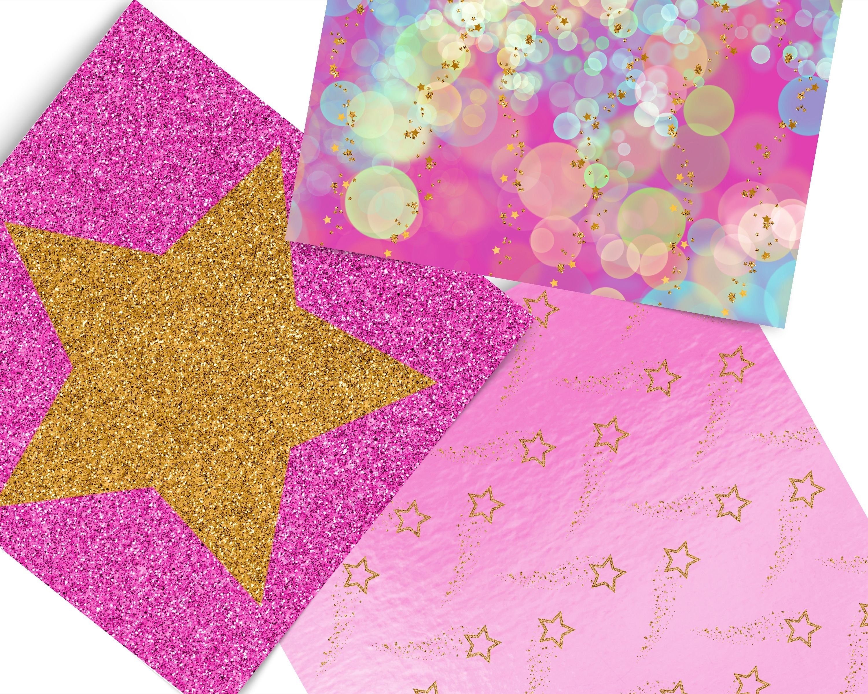 Pink and Gold Glitter Star Digital Paper Pink Foil Stars - Etsy