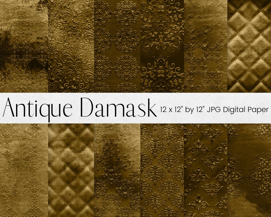 Gold Antique Damask Digital Paper, Distressed Grunge Texture, Embossed ...