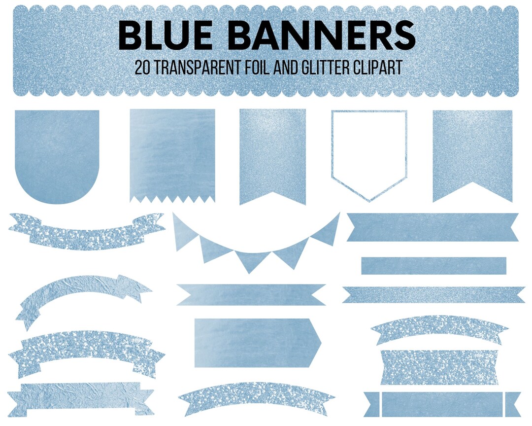 20 Blue Metal Glitter Banner Clipart PNG Ribbon Banner Clipart Digital ...