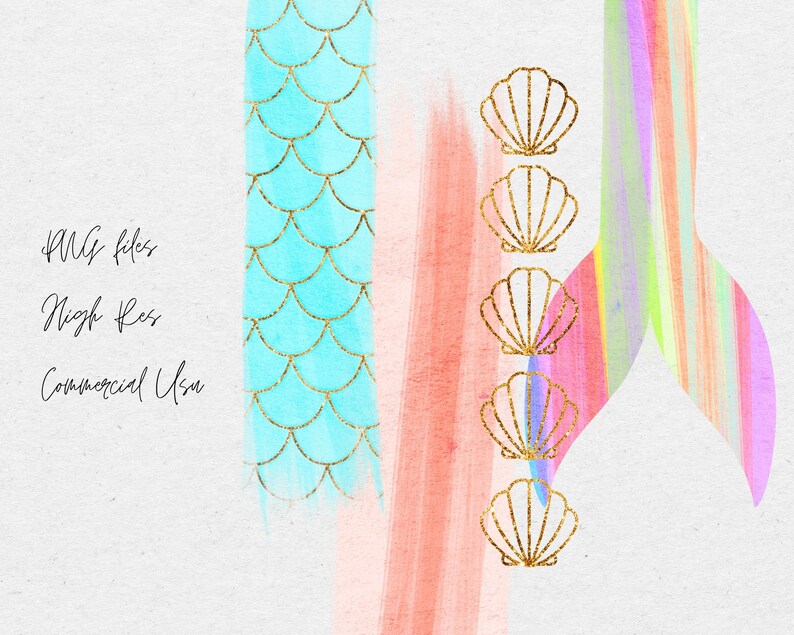 Rainbow Mermaid Brush Strokes Clipart Gold Pink Purple | Etsy