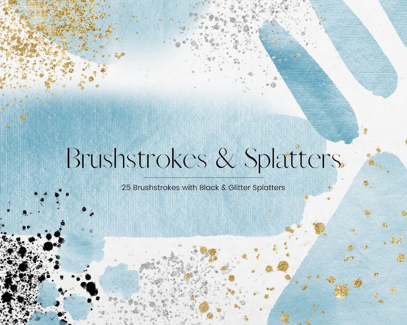 Blue Watercolor Brush Stroke Clip Art PNG Gold Glitter | Etsy