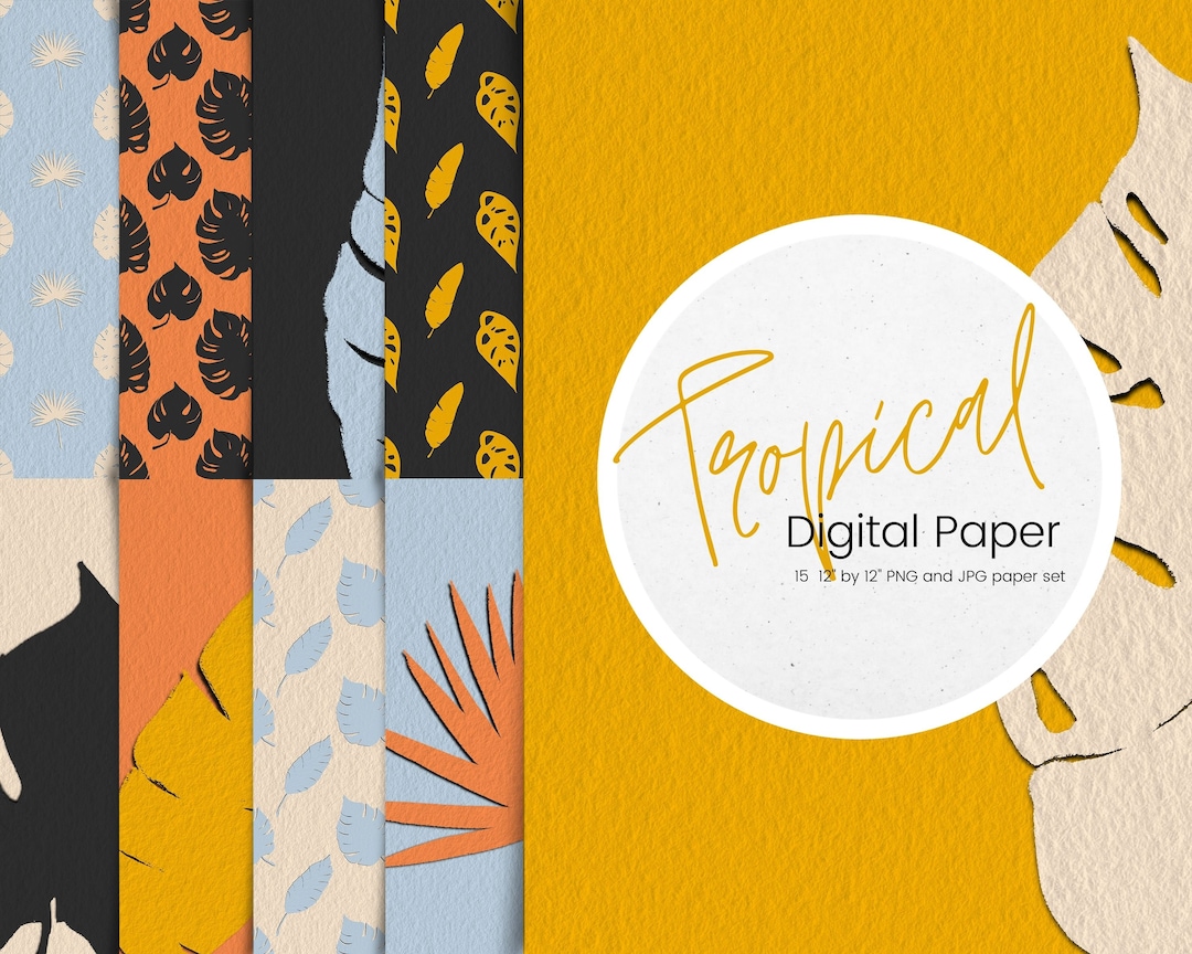 Yellow and Blue Tropical Leaves Digital Paper, Monstera Palm Leaf ...