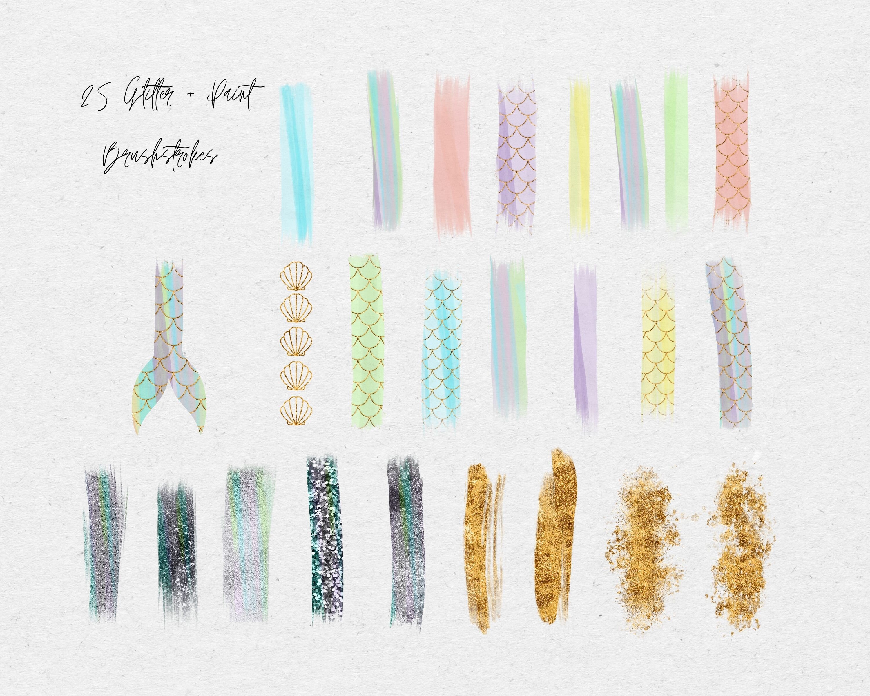 Rainbow Mermaid Brush Strokes Clipart, Gold, Pink Blue Pastel Paint ...