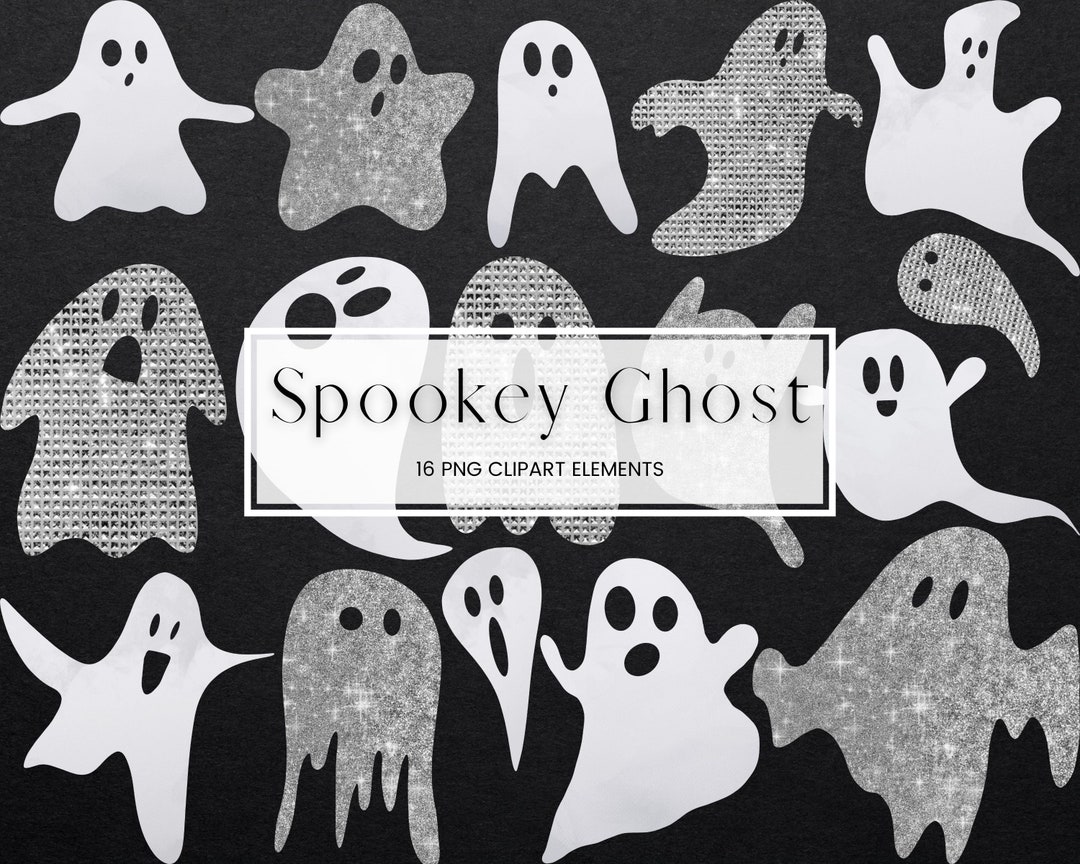 White and Silver Spooky Ghost Clipart, Silver Glitter Ghost Digital ...