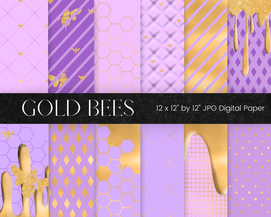 Bee Digital Paper, Purple Bee Printable Digital Scrapbooking, Gold ...