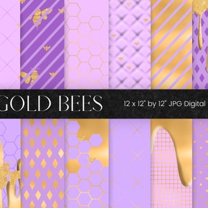 Bee Digital Paper, Purple Bee Printable Digital Scrapbooking, Gold ...