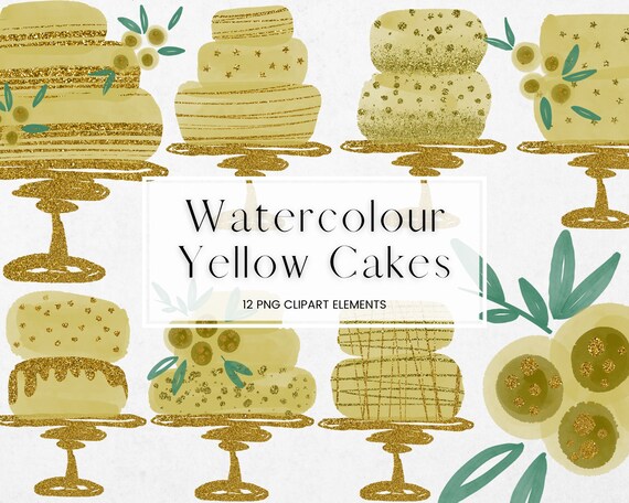Yellow Watercolour Cake Clipart PNG Watercolour and Gold | Etsy