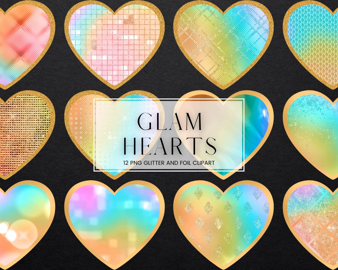 Glam Heart Clipart, Sparkling Rainbow Glitter Love Heart Clip Art, Gold ...
