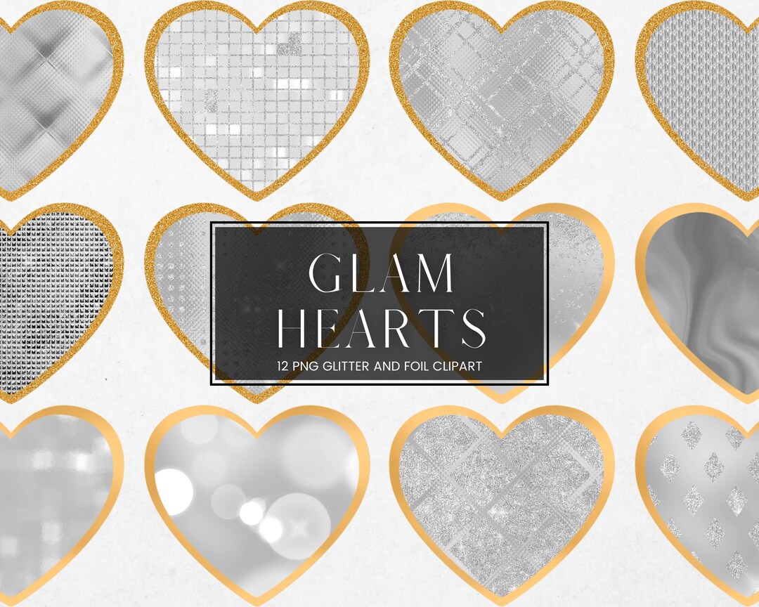 Glam Heart Clipart, Sparkling Silver Glitter Love Heart Clip Art, Gold ...