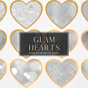 Glam Heart Clipart, Sparkling Silver Glitter Love Heart Clip Art, Gold ...