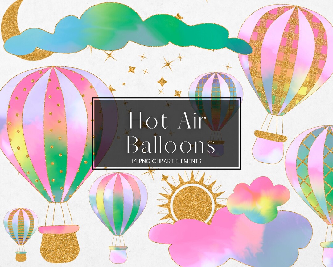 Hot Air Balloon Clip Art, Rainbow Watercolor Hot Air Balloons, Gold ...