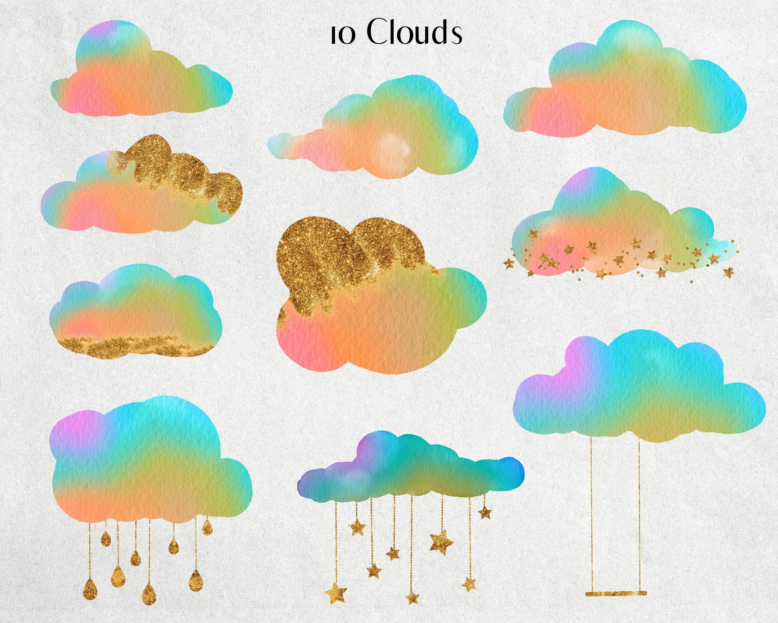 Rainbow Watercolour Clouds Clipart Glitter Stars Moon | Etsy