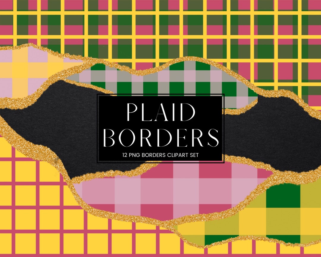 Plaid Border Clipart, Digital Gold Glitter Yellow Pink Green Tartan Border and Frames ...