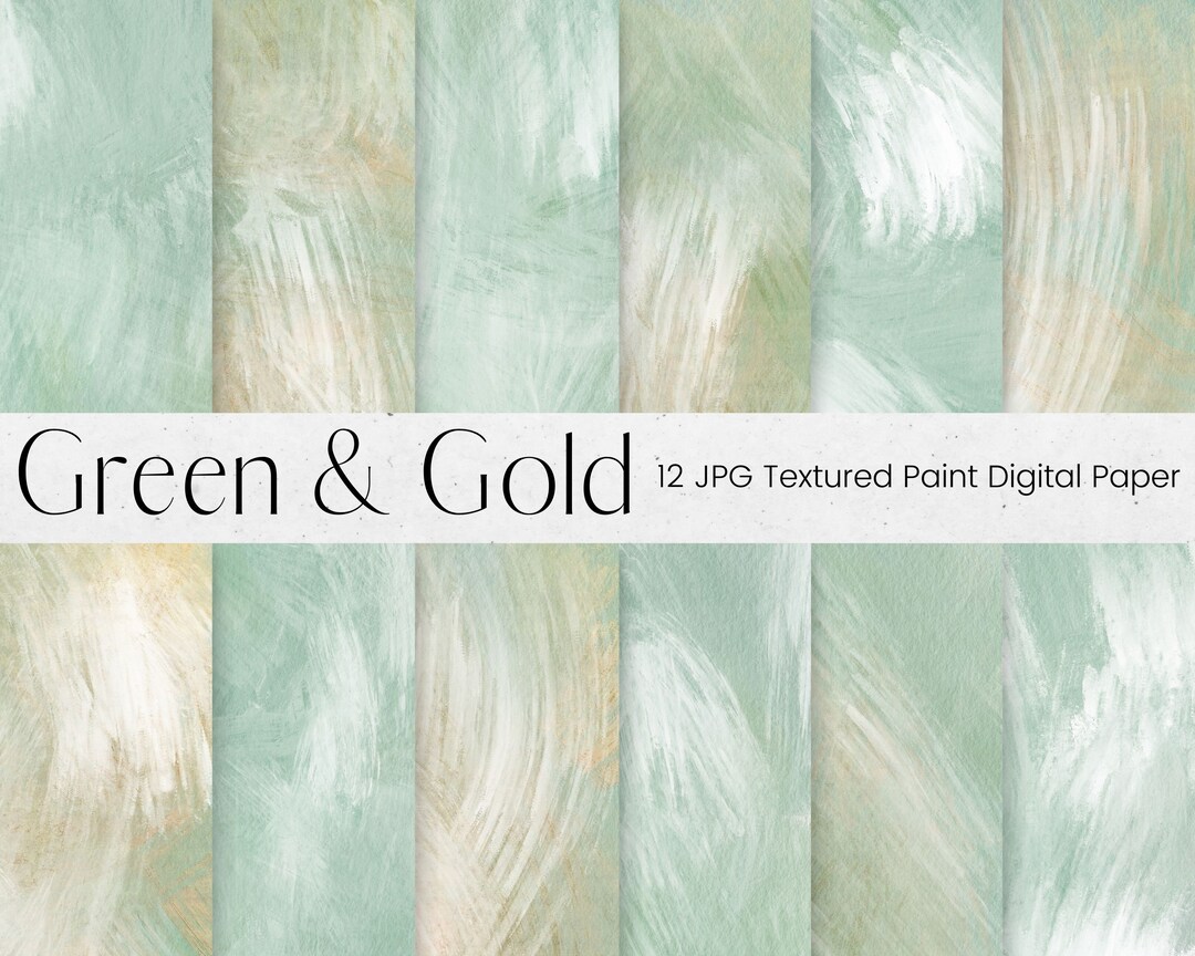 Green and Gold Paint Pattern Digital Paper, Gold, White, Acrylic Paint ...