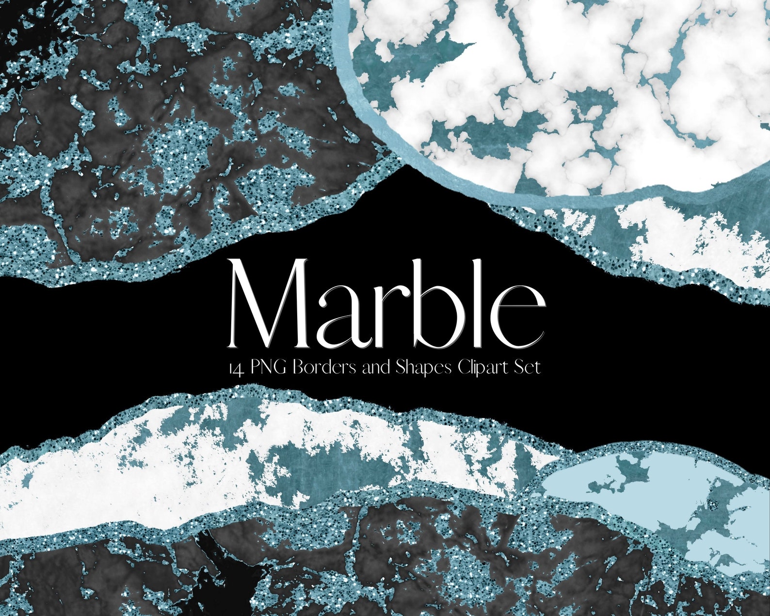 Blue Marble Clipart, Glitter and Foil Marble Border Clip Art, PNG White ...