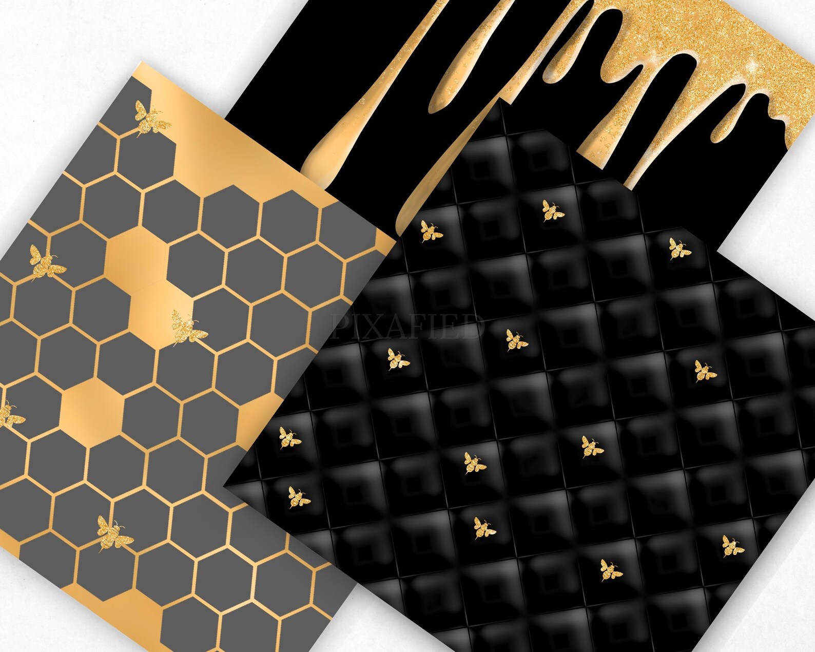 Bee Digital Paper, Black Bee Printable Digital Scrapbooking, Gold ...