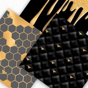 Bee Digital Paper, Black Bee Printable Digital Scrapbooking, Gold ...