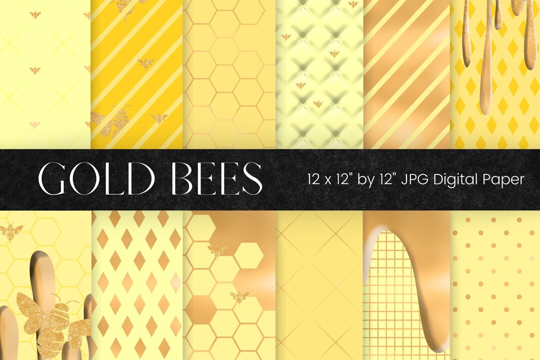 Bee Digital Paper, Yellow Bee Printable Digital Scrapbooking, Gold ...