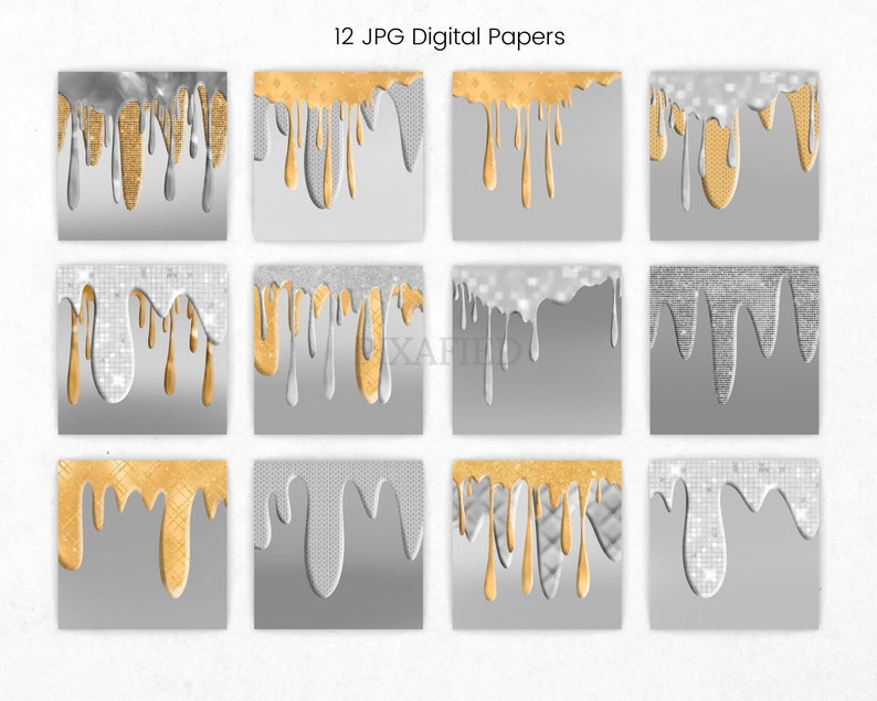 Dripping Glam Borders Digital Paper, Silver, Gold Dripping Glitter ...