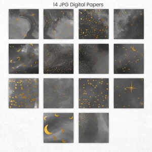 Watercolour and Gold Stars Digital Paper Pattern, Stars and Moon ...