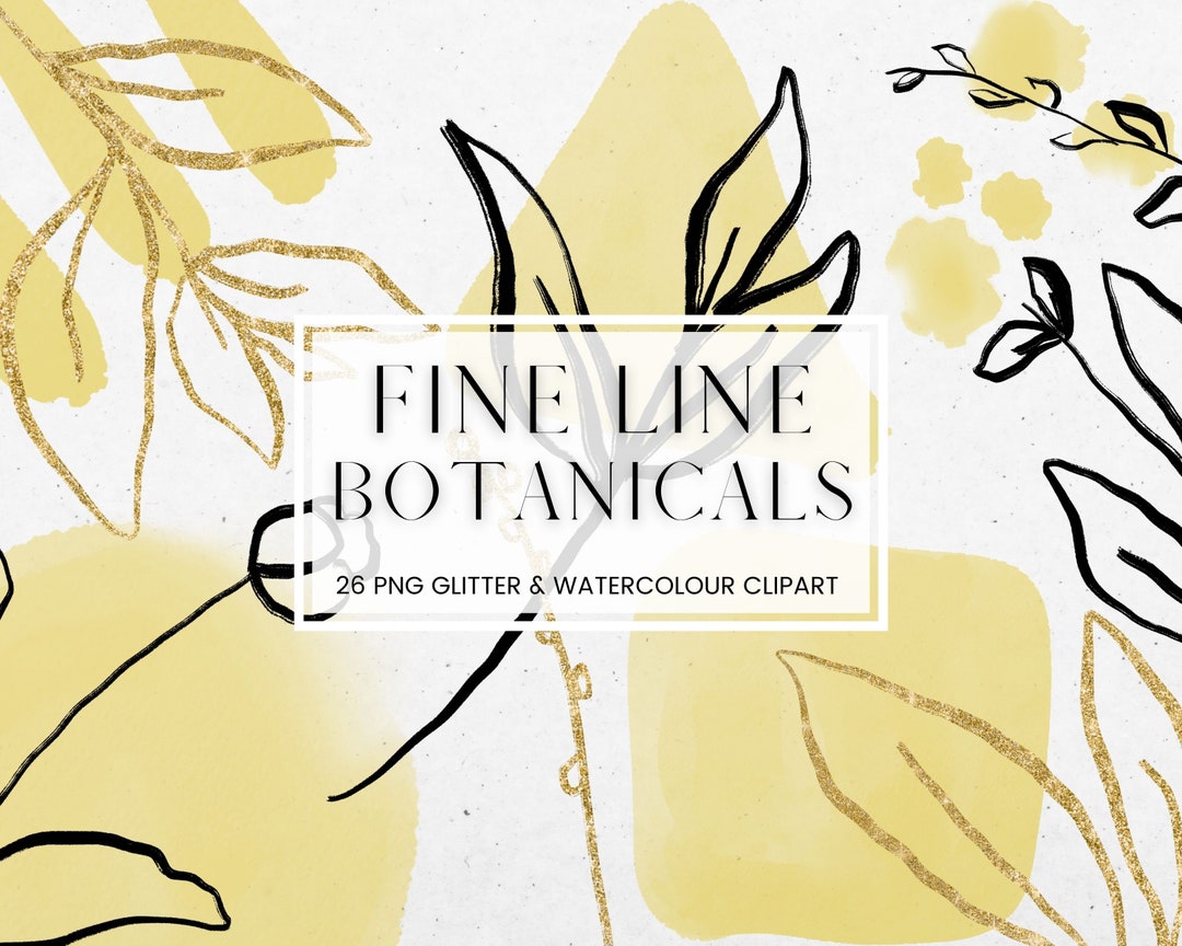 Fine Line Floral Clipart, Gold Glitter Flowers, Black Line Flowers ...