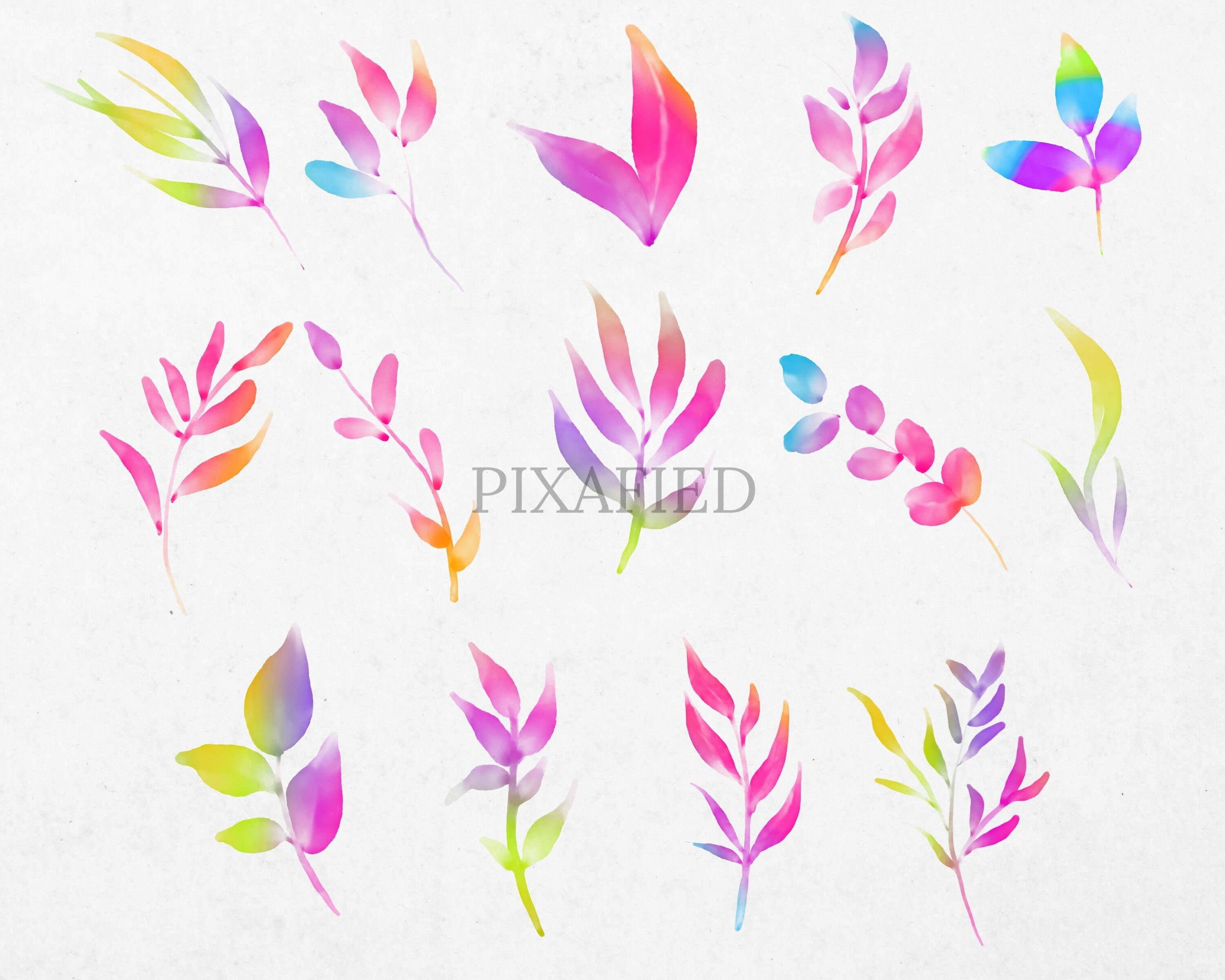 Rainbow Watercolor Foliage Clip Art Transparent Digital Leaf - Etsy