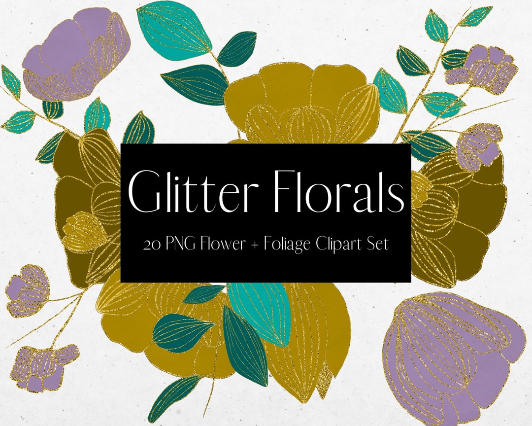 Yellow and Purple Glitter Flower Clipart, Gold Glitter Flowers, Fine ...