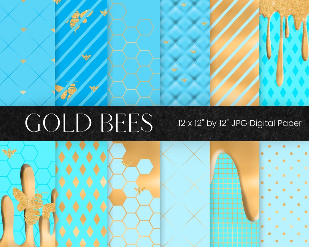 Bee Digital Paper, Blue Bee Printable Digital Scrapbooking, Gold ...