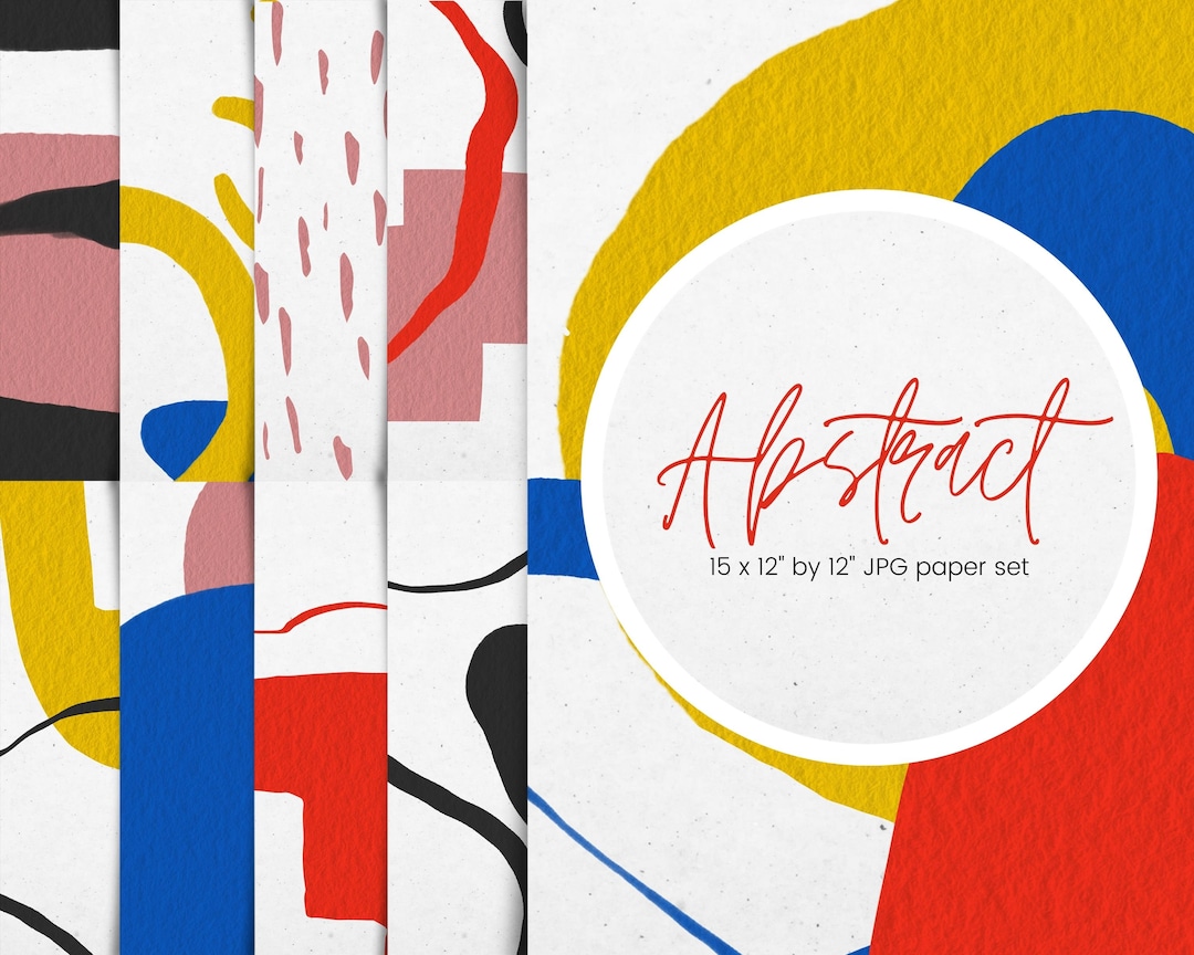 Abstract Shapes Digital Paper, Red, Blue Yellow Paint Paper, Modern Geo ...