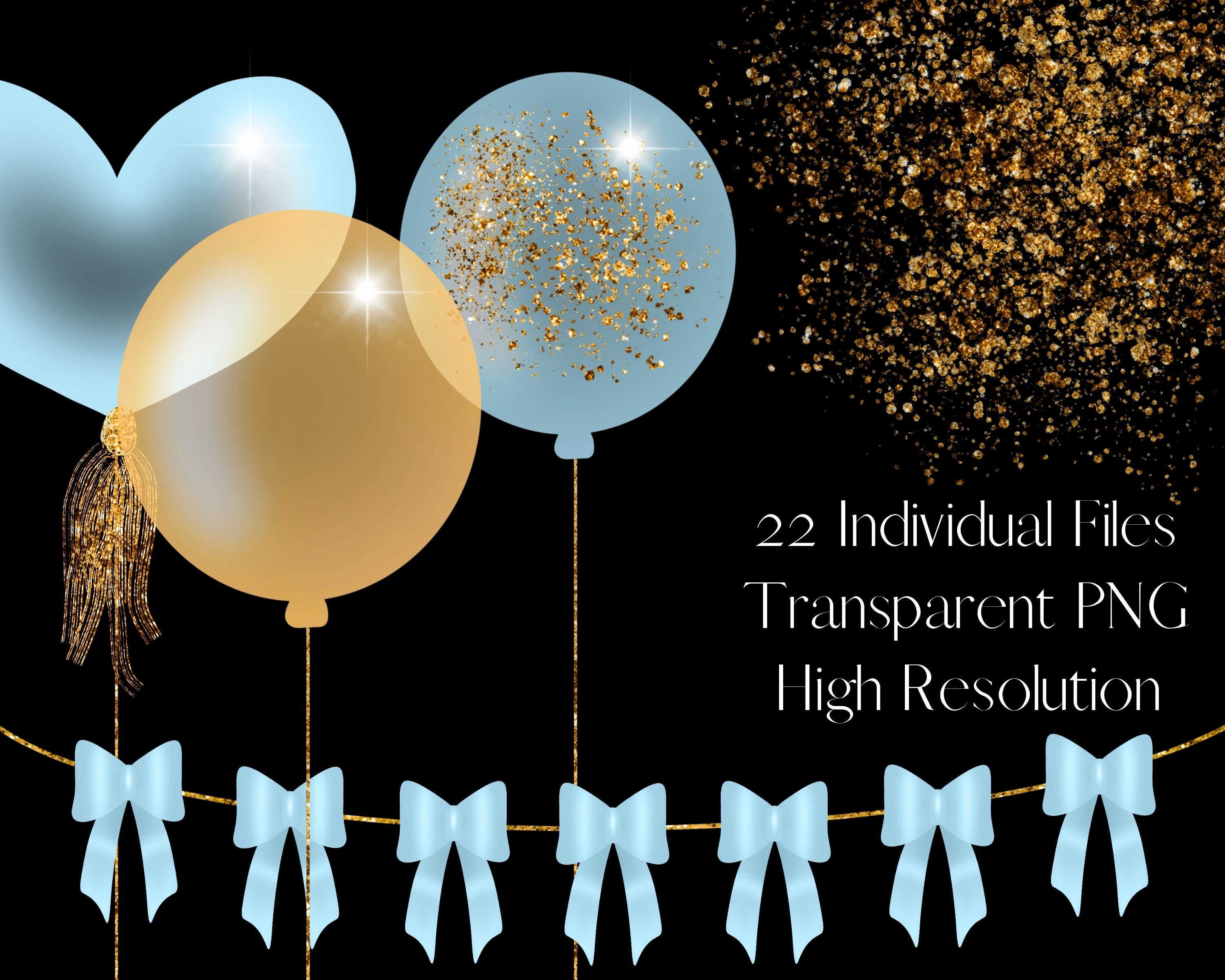 Blue and Gold Glitter Party Clipart Set, Blue Balloon Clipart, Party ...