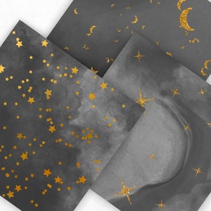 Watercolour and Gold Stars Digital Paper Pattern, Stars and Moon ...