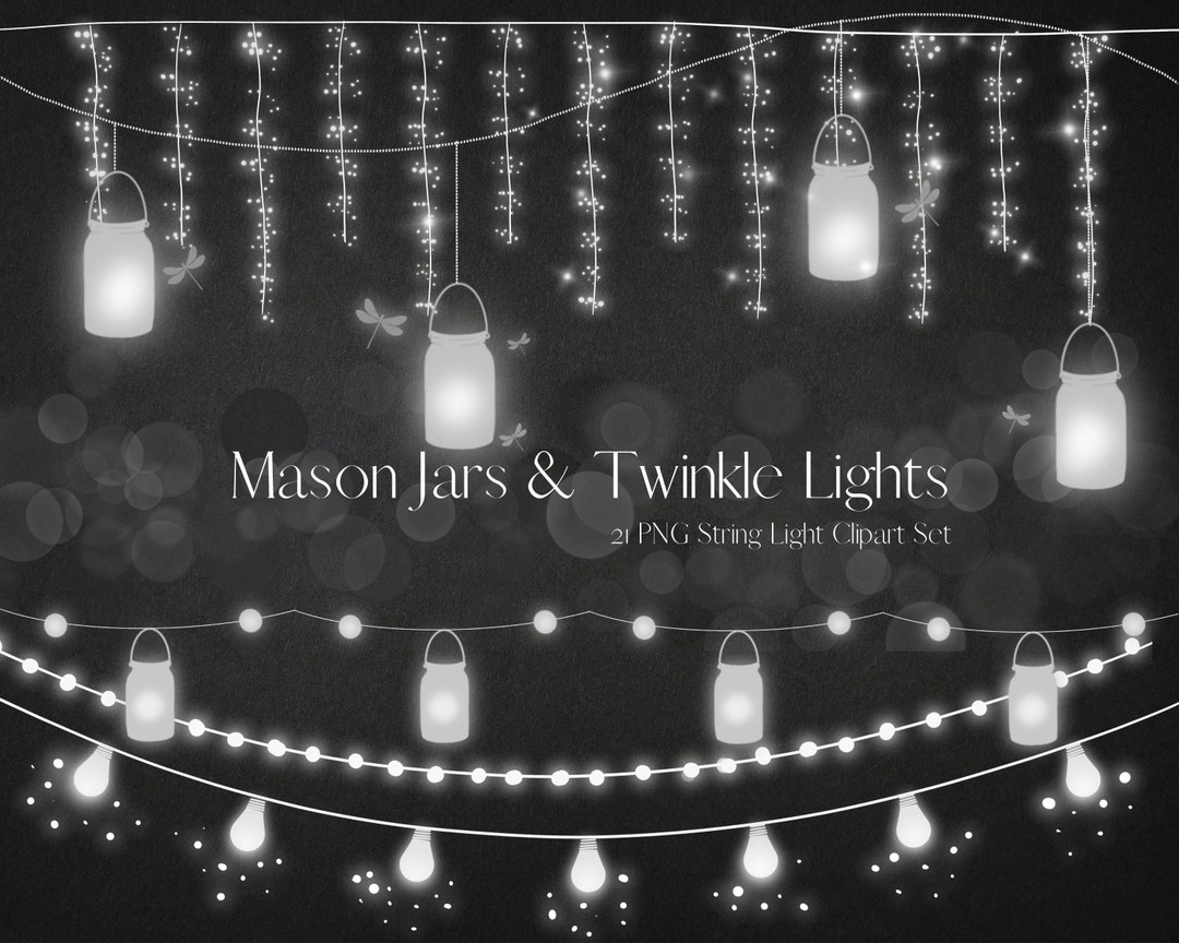 White Mason Jars String Lights Clipart, Glow Fairy Light Clip Art, PNG ...