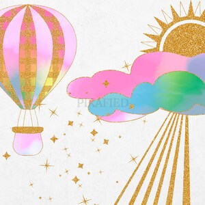 Hot Air Balloon Clip Art, Rainbow Watercolor Hot Air Balloons, Gold ...