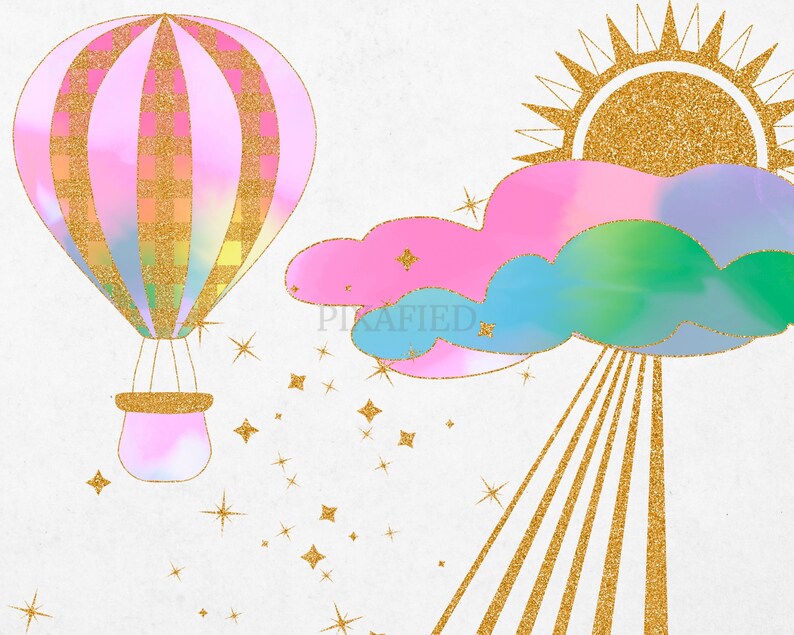 Hot Air Balloon Clip Art, Rainbow Watercolor Hot Air Balloons, Gold ...