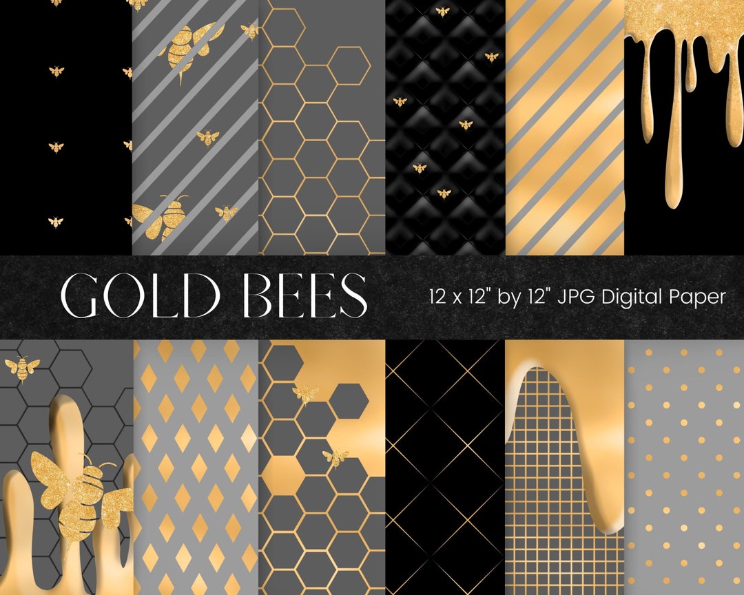 Bee Digital Paper, Black Bee Printable Digital Scrapbooking, Gold ...
