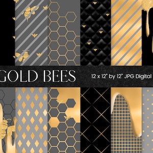 Bee Digital Paper, Black Bee Printable Digital Scrapbooking, Gold ...