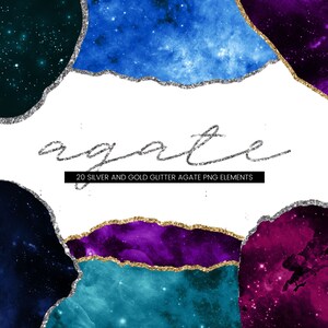 20 Agate Clipart Elements, Galaxy Celestial Gold and Silver Glitter ...