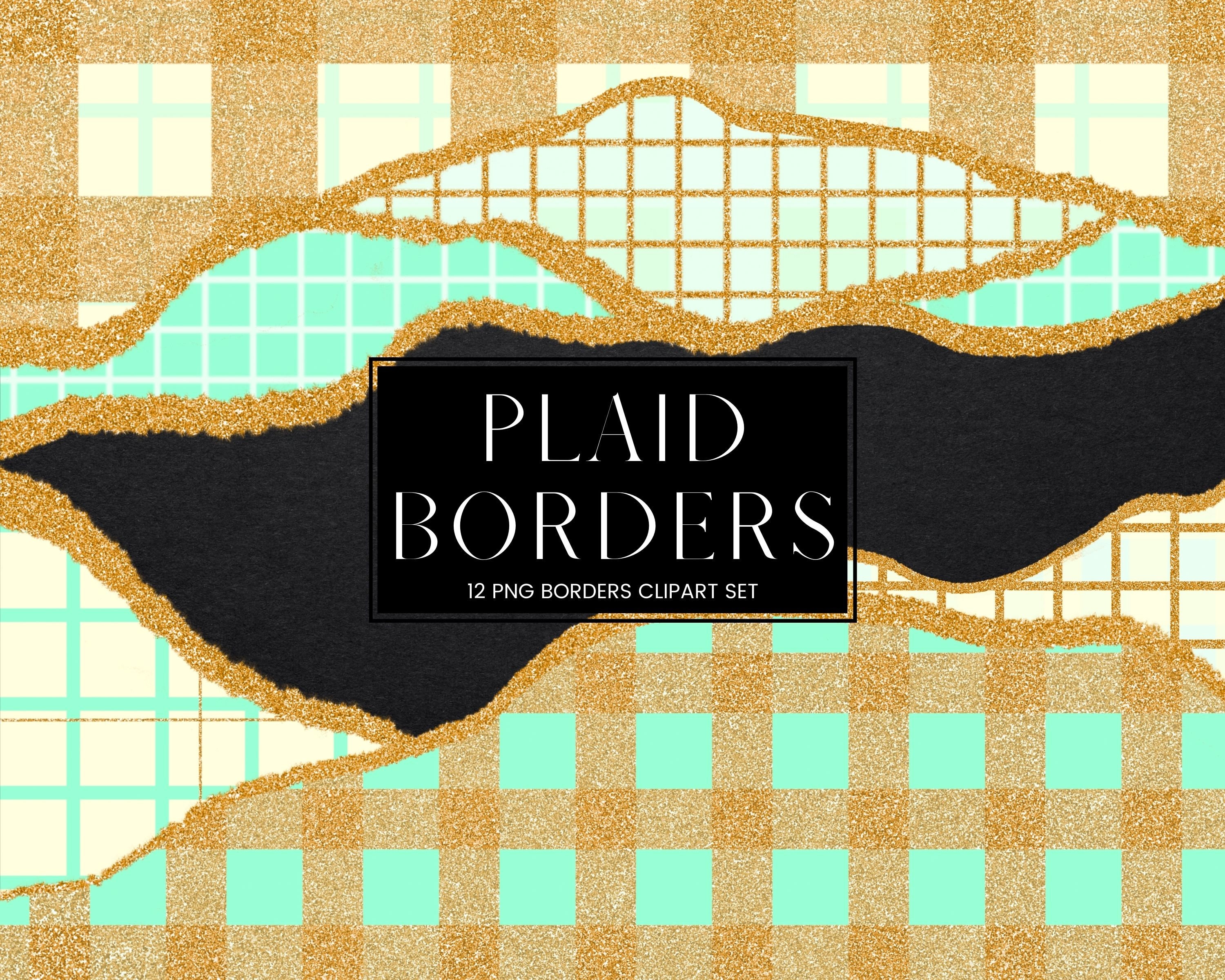 Plaid Border Clipart, Digital Gold Glitter Green Tartan Pattern Border ...