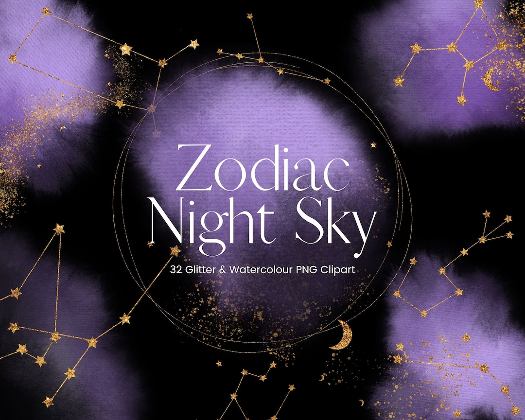 Purple Watercolour Zodiac Constellation Clipart, Gold Glitter Zodiac ...