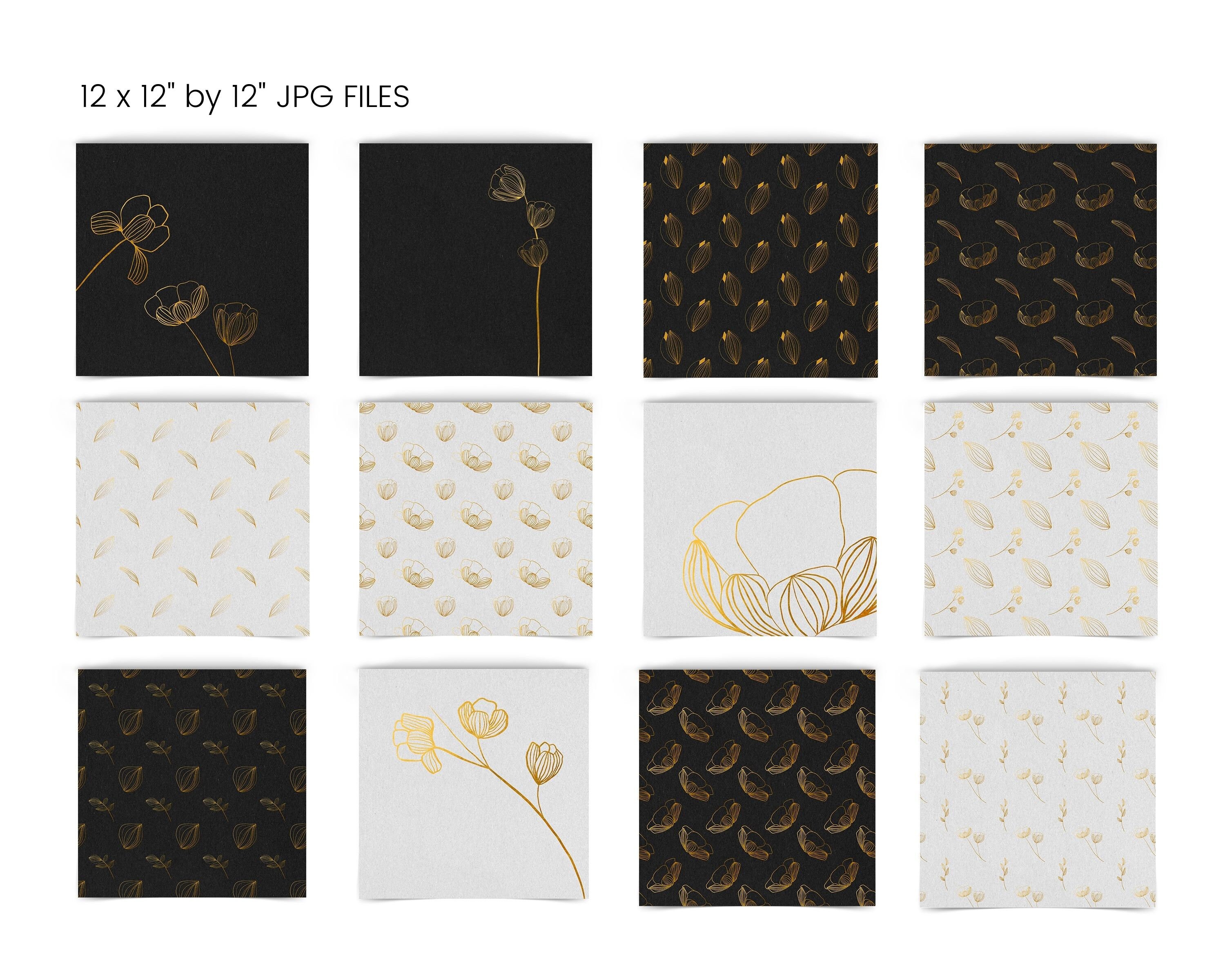 Gold Floral White and Black Digital Paper, Gold Foil Flowers, Modern ...