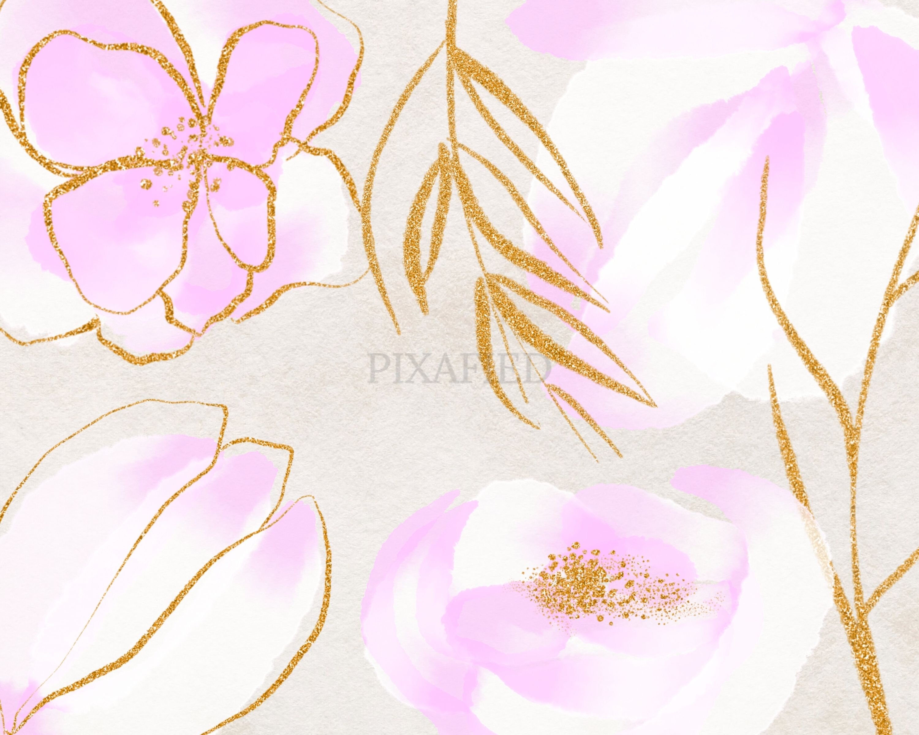 Pink Watercolour Flower Clipart Gold Glitter Leaves Foliage - Etsy