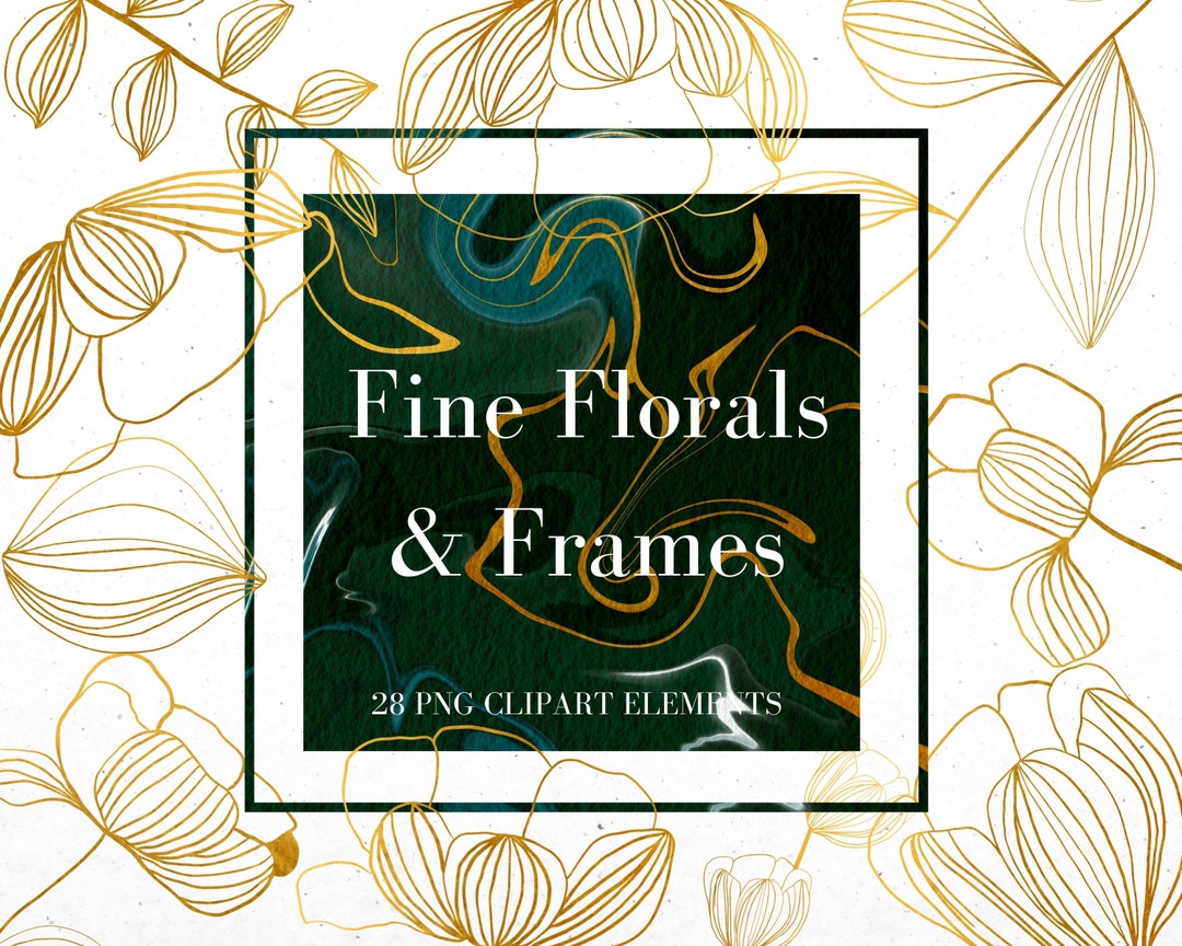 Gold Fine Line Flowers and Green Watercolour Frames Clipart, Hand Drawn ...