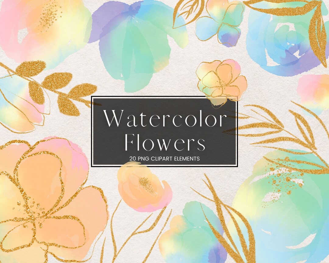 Rainbow Watercolour Flower Clipart, Gold Glitter Leaves Foliage Leaf ...