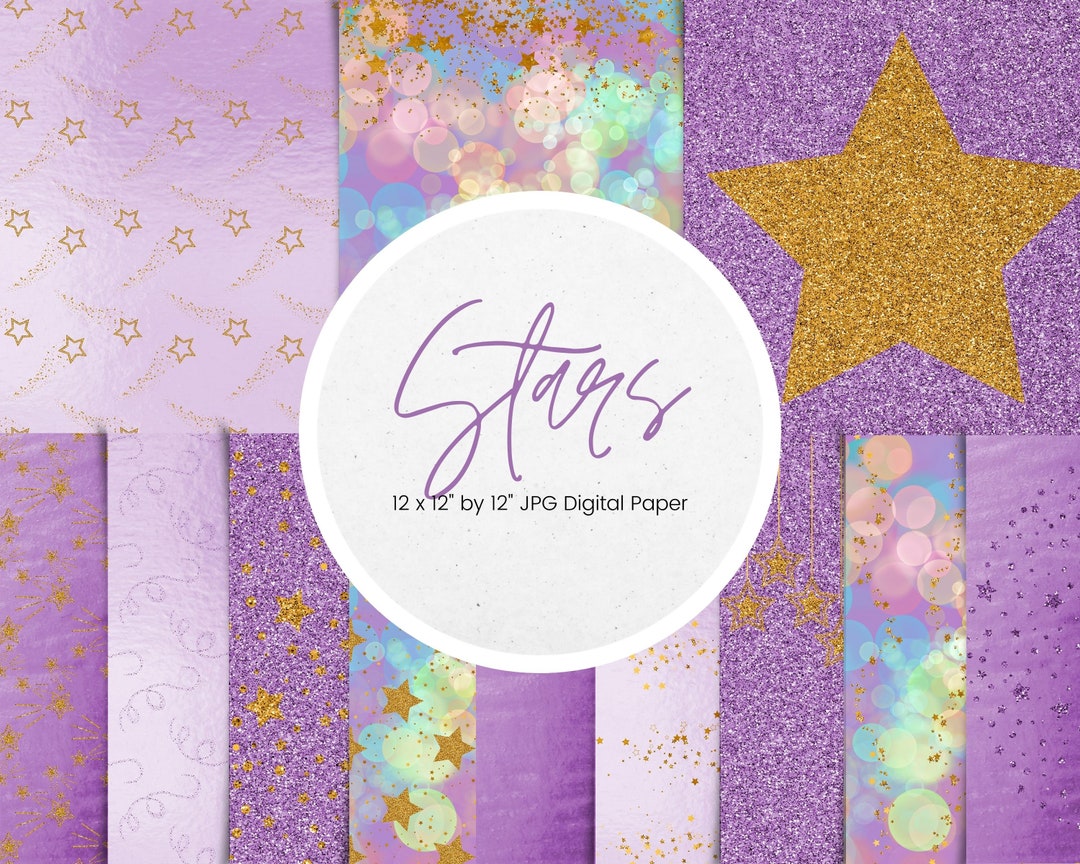 Purple and Gold Glitter Star Digital Paper, Purple Foil Stars Paper ...