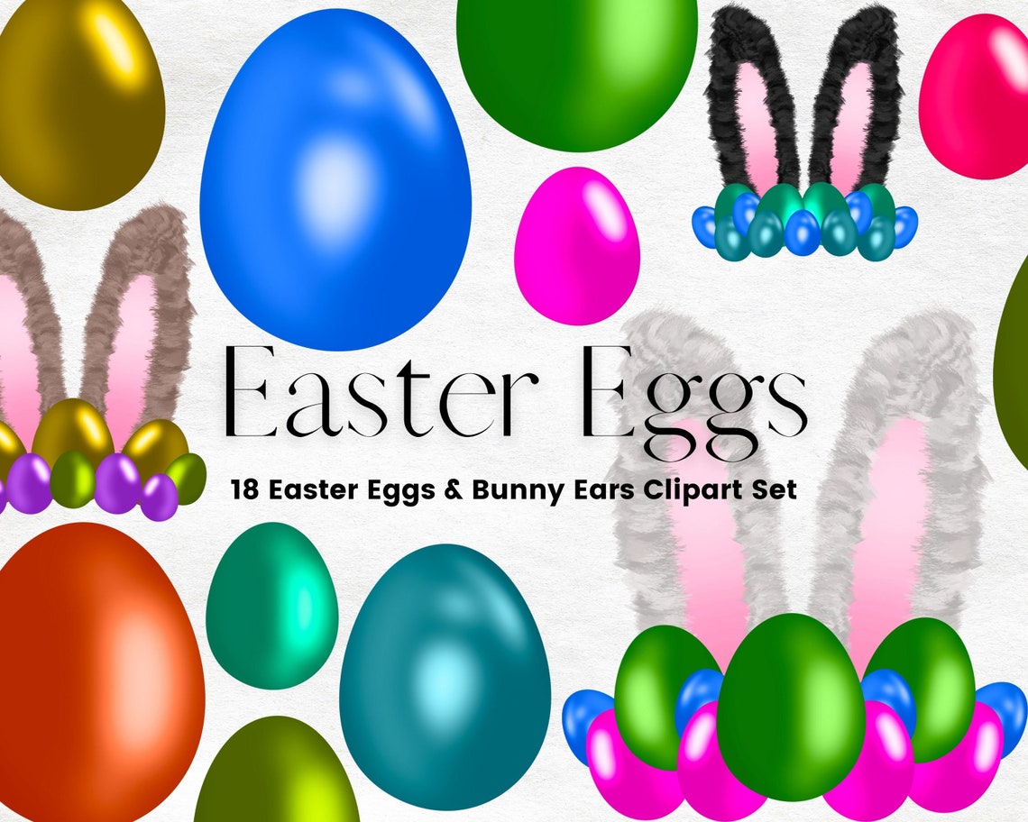 Easter Eggs and Bunny Ears Clipart Pink Blue Metallic Easter | Etsy