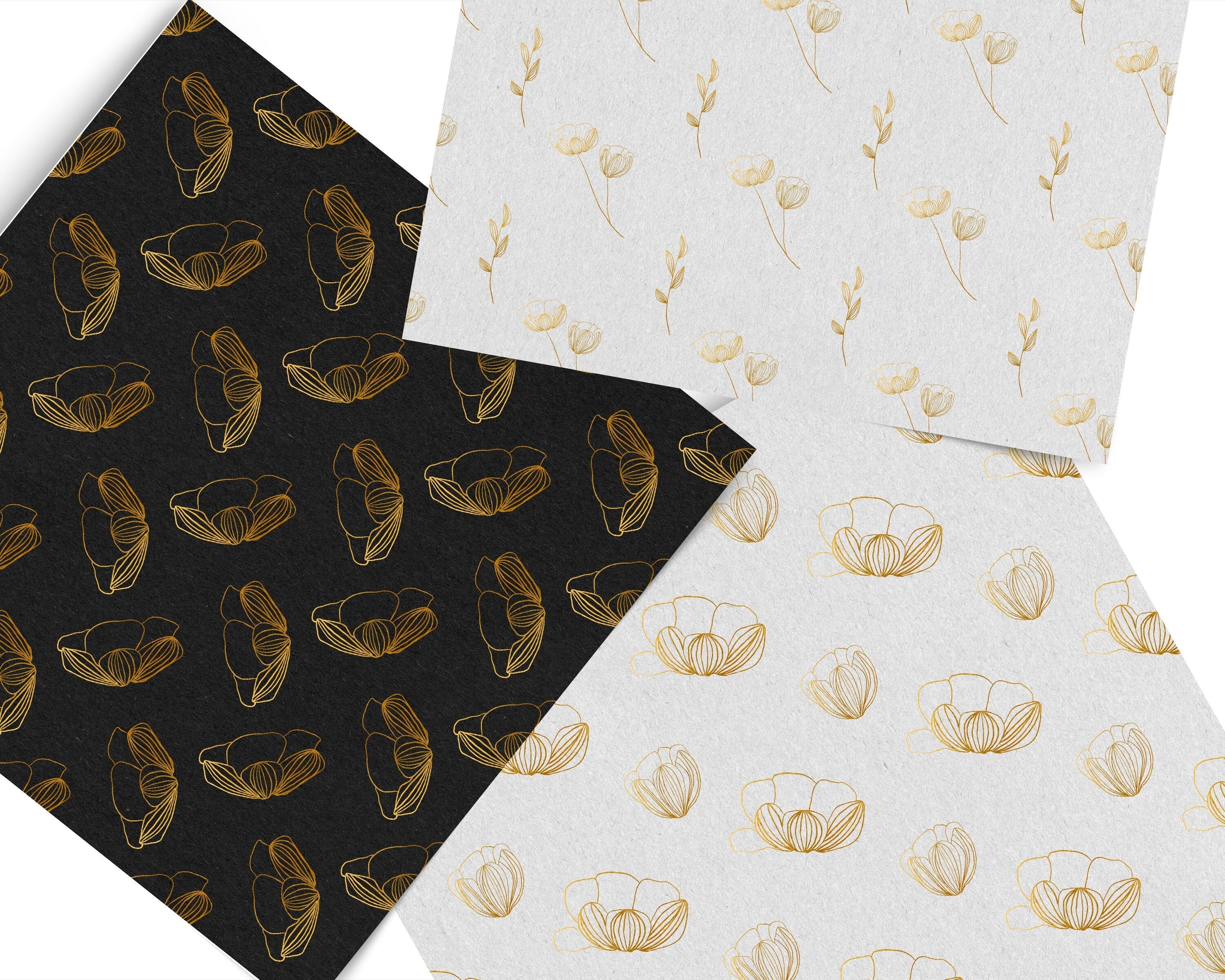Gold Floral White and Black Digital Paper, Gold Foil Flowers, Modern ...