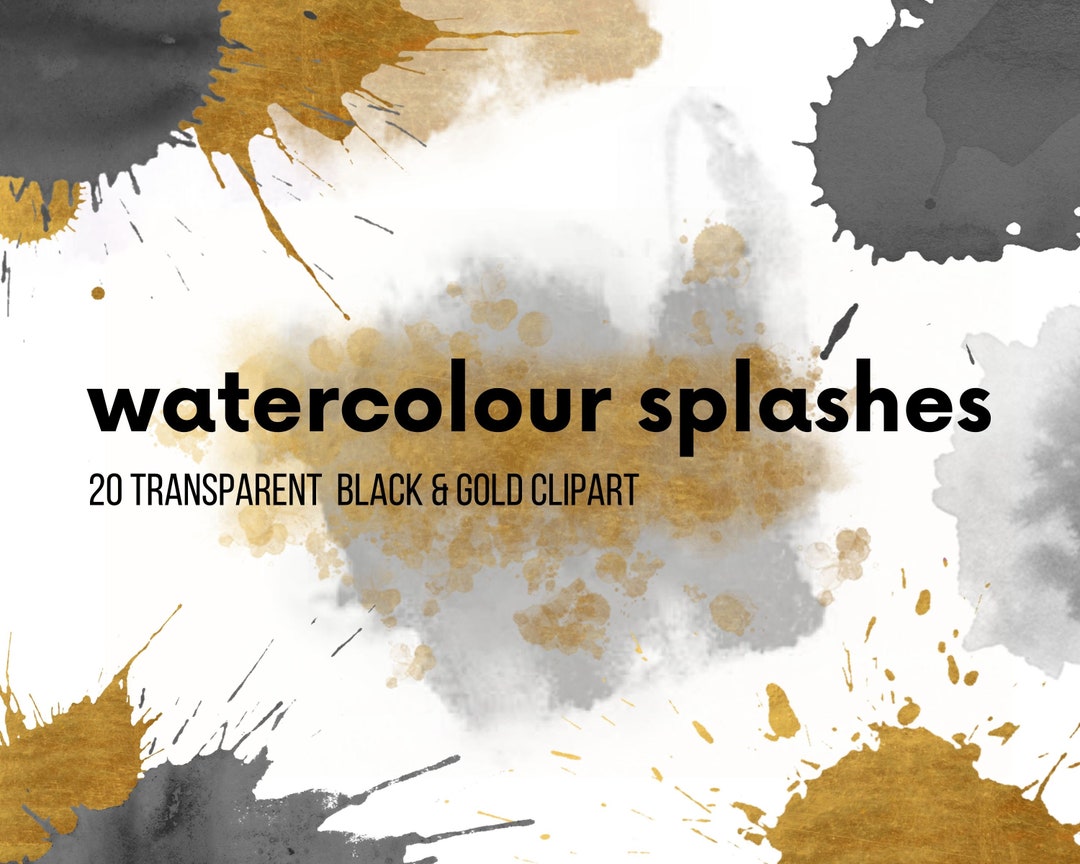 20 Black and Gold Foil Watercolor Splashes Clipart, Grey Watercolour ...