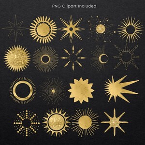 Mystical Gold Sun Clipart, Gold Foil, Glitter and Metal Bohemian Sun ...