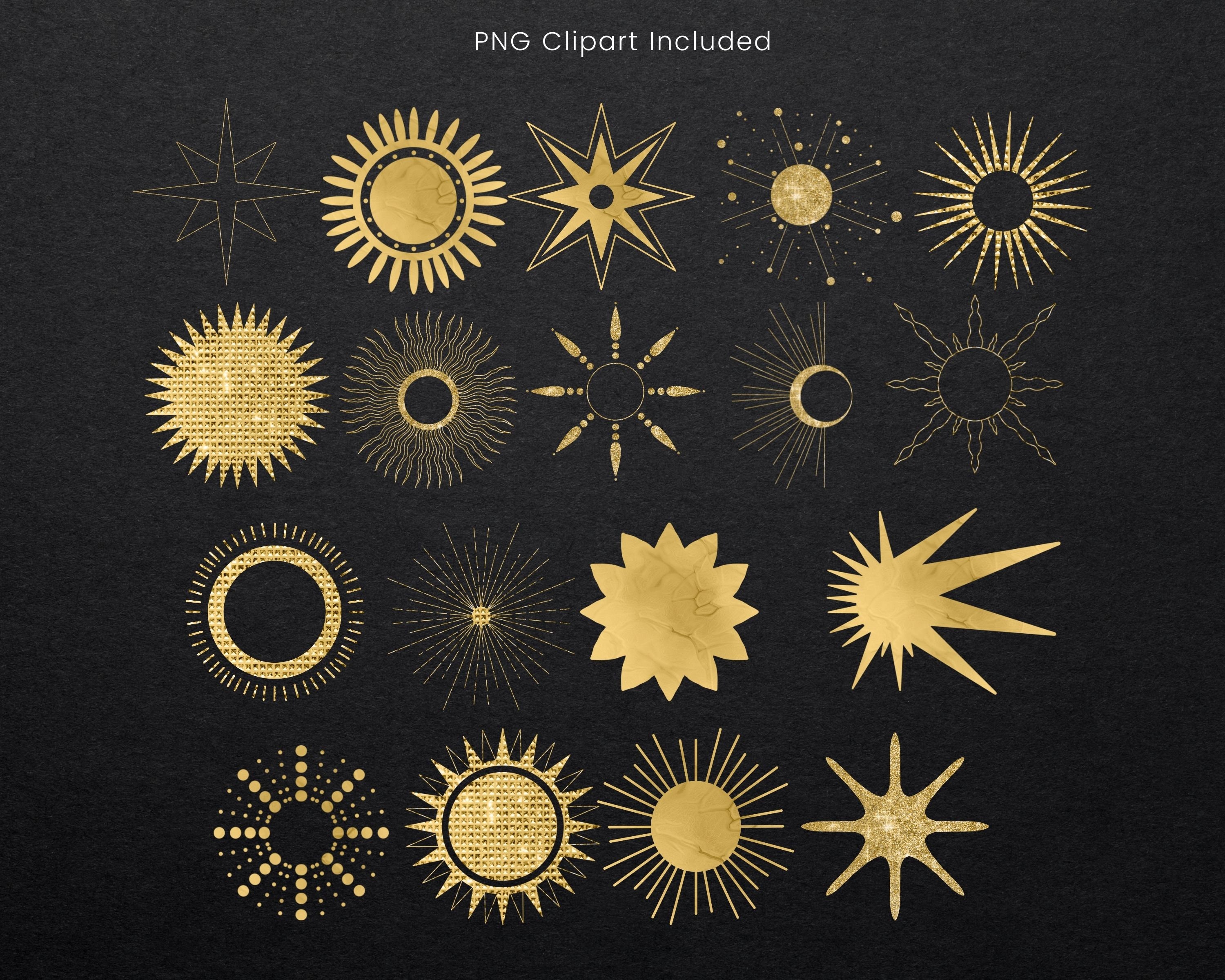 Mystical Gold Sun Clipart, Gold Foil, Glitter and Metal Bohemian Sun ...