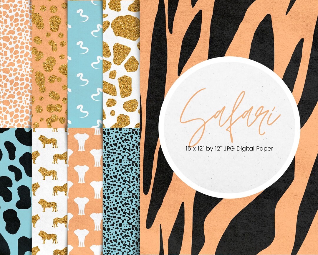 15 Gold Glitter Orange and Blue Safari Digital Paper, Animal Paint ...